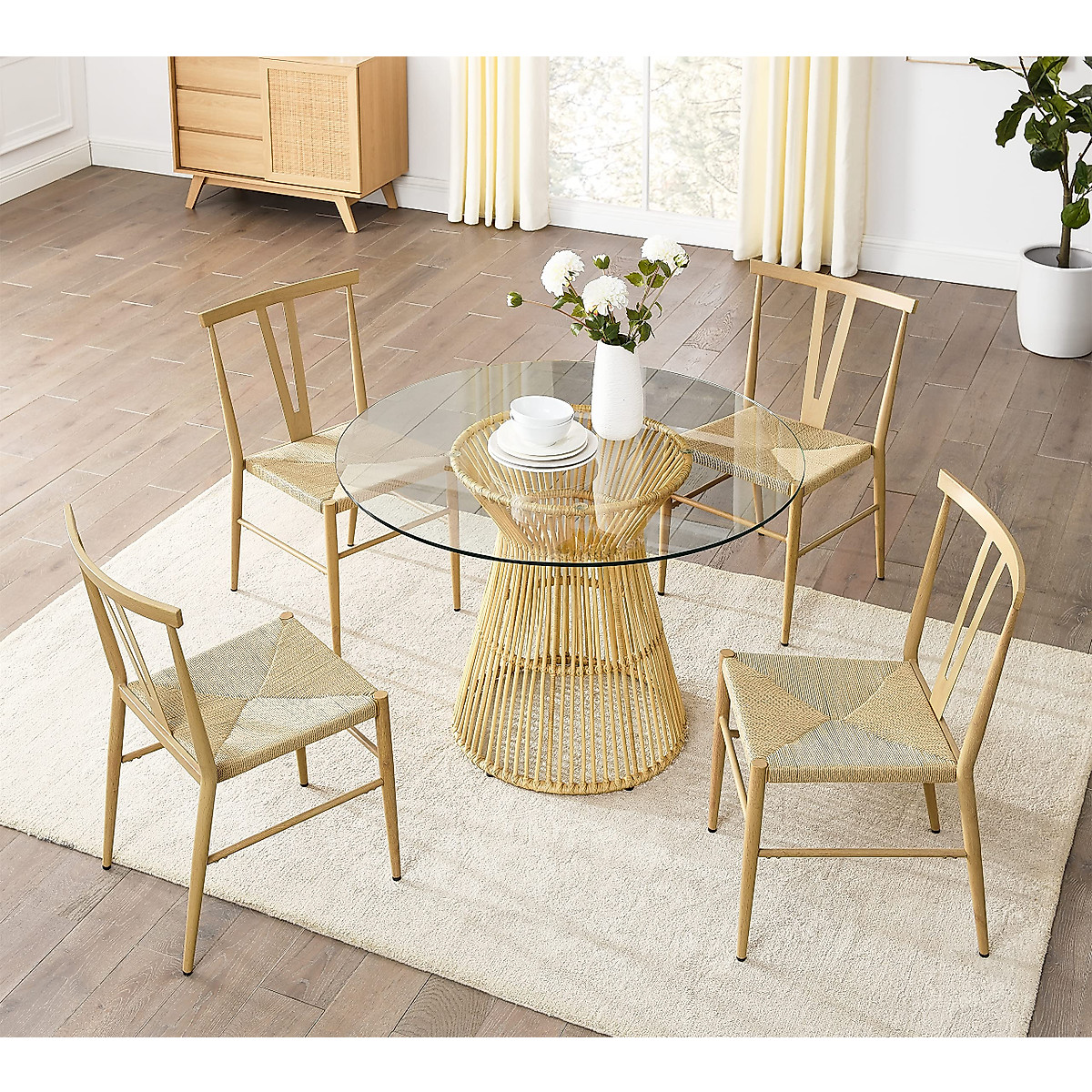 Melpomene 5 Pieces Rattan Wicker Dining Table Set with 44" Round Table Glass Top and Four Chairs,for Kitchen, Living Room and Dining Room