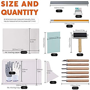 Rustark 24 Pieces Block Printing Starter Tool Kit with Whetstone, Stamp Block, Carving Tools, Tracing Papers,Pencil, Gloves,Eraser and Scrapper, Rubber Stamp Making Kit for Stamping and Printmaking