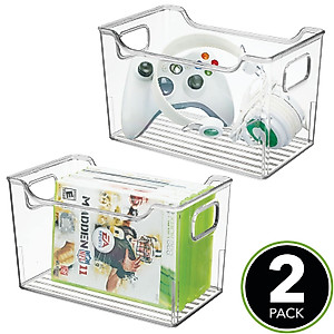 mDesign Deep Plastic Storage Organizer Storage Bin, Game and Comic Organization for Cabinet, Playroom, or Closet - Holds Video Games, Tablets, DVDs, or Controllers, Ligne Collection - 2 Pack - Clear