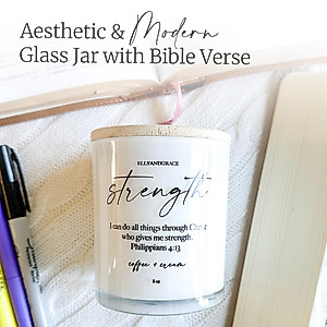 Elly & Grace - Scented Glass Soy Candle with Inspirational Bible Verse - Christian Gifts for Women Scented Candles for Home Thinking of You Gifts for Women Candles Gifts for Women (Strength)