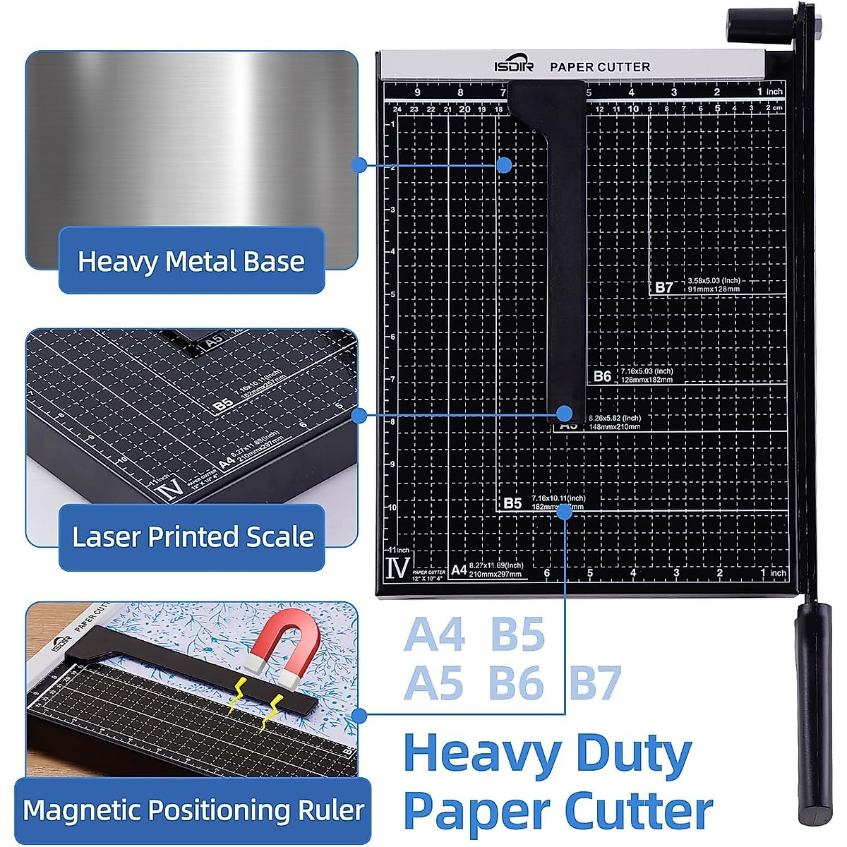 ISDIR Paper Cutter Guillotine, 12 Inch Paper Cutting Board, 12 Sheets Capacity, Heavy Duty Metal Base, Dual Paper Guide Bars, Professional Paper Cutter and Trimmer for Home, Office (12'' Black)