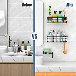 POKIPO Shower Caddy, 5-Pack Shower Organizer with Soap Dishes & Toothbrush Holder, Adhesive or Drilling Stainless Steel Shower Shelves, Rustproof Rack for Bathroom Storage, Decor, Wall Mounted, Black