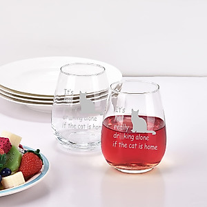 It's Not Really Drixking Alone If The Cat is Home Wine Glass Set of 2, Funny Cat Lover Stemless Wine Glass Set, Unique Christmas, Birthday, Housewarming Gift for Wine Lovers, Friends, Women, Men 15Oz