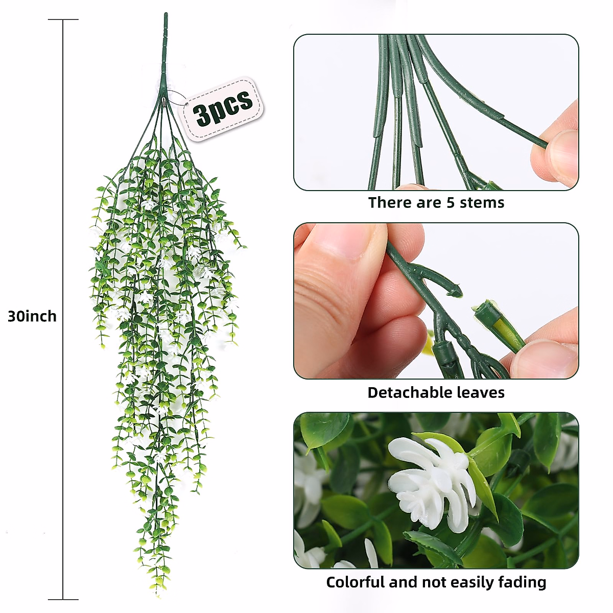 RECUTMS Artificial Hanging Plants Fake Hanging Plant Faux Eucalyptus Leaf Greenery Vine Outdoor UV Resistant Plastic Plants Home Garden Wedding Party Indoor Outdoor Decorations(White)