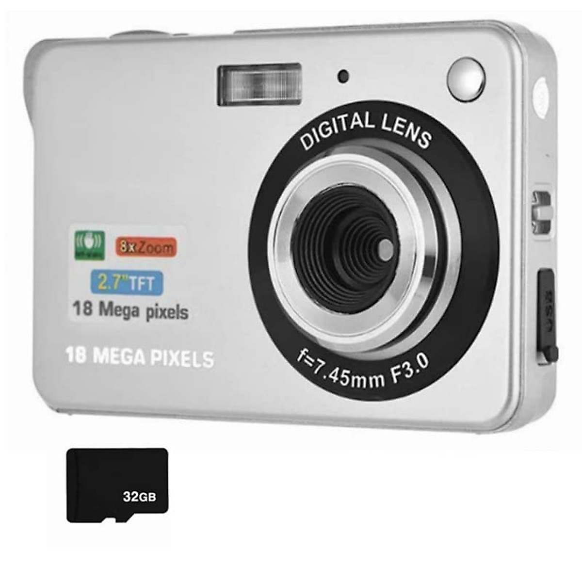 Digital Camera, Compact Camera,2.7 inch Pocket Camera,Rechargeable Small Digital Camera for Kids,School,Children,Adults,Photography with Digital Zoom(32GB SD Card Included,1 Battery) (Silver)