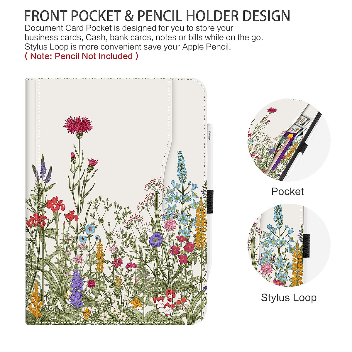 Case for iPad 10th Generation Case, for iPad Case 10th Generation Women Girls Shockproof Case with Pencil Holder, Multi-Angle Adjustable Stand View with Pocket/Hand Strap/Auto Wake Sleep, Flowers