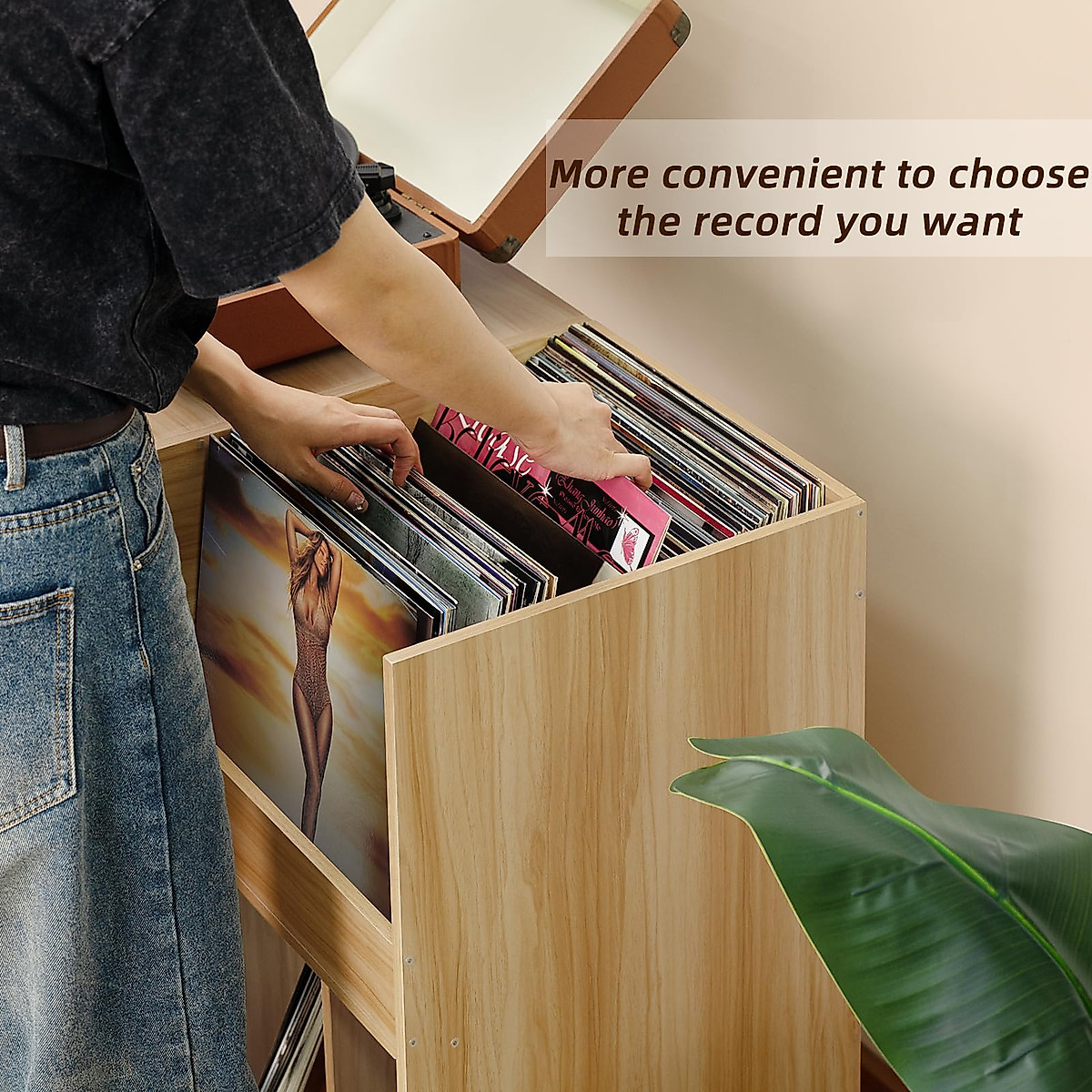 LELELINKY Large Record Player Stand, Turntable Stand with Storage, Vinyl Record Holder with Display Area, Record Player Table Holds Up to 300 Albums, Record Stand for Music room Living Room-Natural