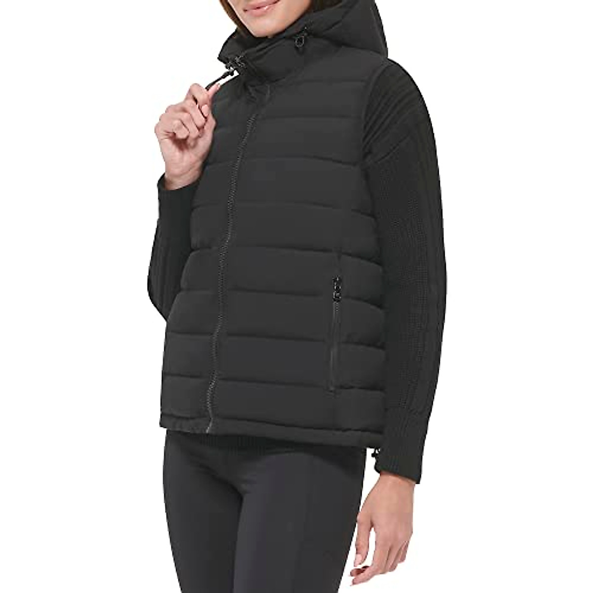 Calvin Klein Women's Hooded Casual Stretch Fabric Quilted Vest, Black, Large