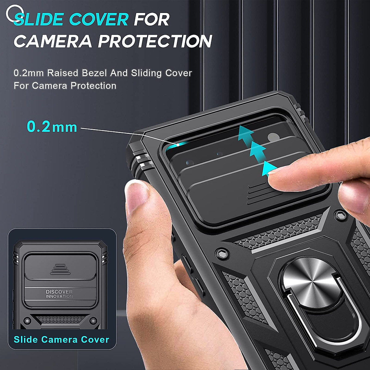 LeYi for Google Pixel 6 Case: Phone Case for Pixel 6 with Slide Camera Cover + [2 Packs] Tempered Glass Screen Protector, Full Body Military-Grade Heavy Duty Shockproof Ring Holder Stand Case: Black