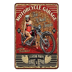 AOYEGO Pin Up Girl Motorcycle Tin Sign,Motor Garage Red Black Vintage Metal Tin Signs for Cafes Bars Pubs Shop Wall Decorative Funny Retro Signs for Men Women 8x12 Inch