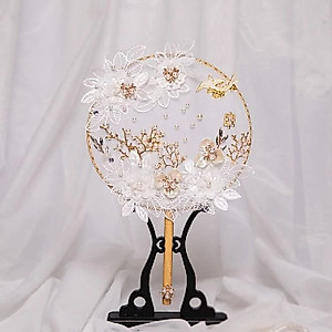 Chinese Traditional Bride Lace Flower Fan Vintage Round Hand-held Birds Fan Wedding Photography Props Accessorie (3-Pack)
