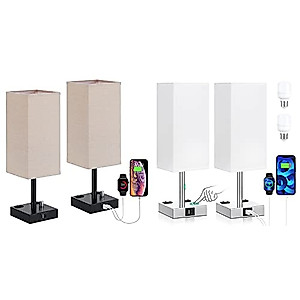 Fully Dimmable Nightstand Lamps Set of 2& 3-Way Touch Dimmable Bedside Lamps,Table Lamps with USB C+A and Dual AC Outlets for Bedroom Living Room Guestroom(LED Bulb Included)