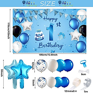 1st Birthday Decorations First Birthday Boy Backdrop 88 Pcs Blue Baby Boy First Party Supplies with Banner Foil Star Balloons Set for Baby Shower Party Decorations Supplies