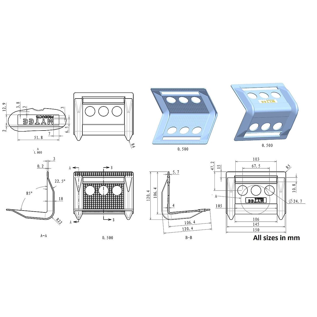 Mytee Products (100 Pack V Shaped Board 4" Blue Plastic Corner Edge Protectors for Cargo Loads | Tie Down Strap Guard for Winch, Ratchet Straps on Flatbed Trailers | V-Style Tie Downs Edge Protectors
