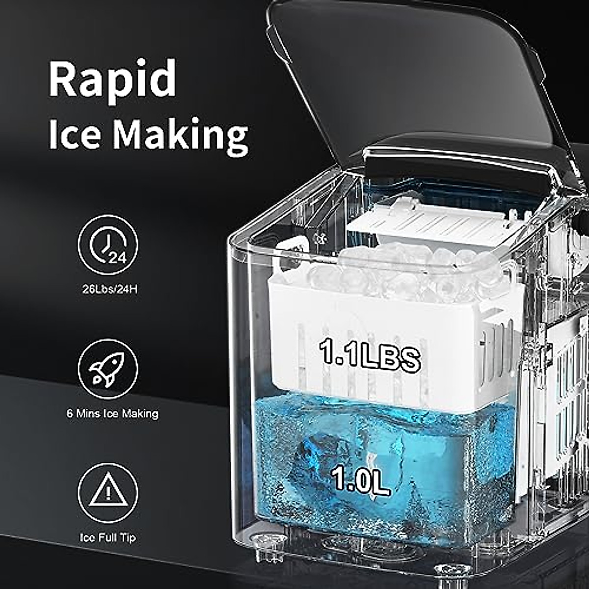 Antarctic Star Countertop Ice Maker Portable Ice Machine with Handle,Self-Cleaning Ice Makers, 26Lbs/24H, 9 Ice Cubes Ready in 6 Mins, S/L, for Home Kitchen Bar Party (Black)