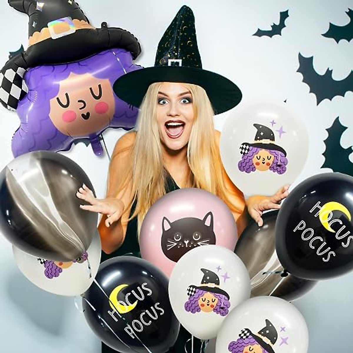 HOUSE OF PARTY Halloween Witch Foil Balloon-50PCS Black Pink White Witch, Cat Latex Balloons for Halloween Birthdays Graduation Party Decorations, School Classroom Games, Kids' Hand Out