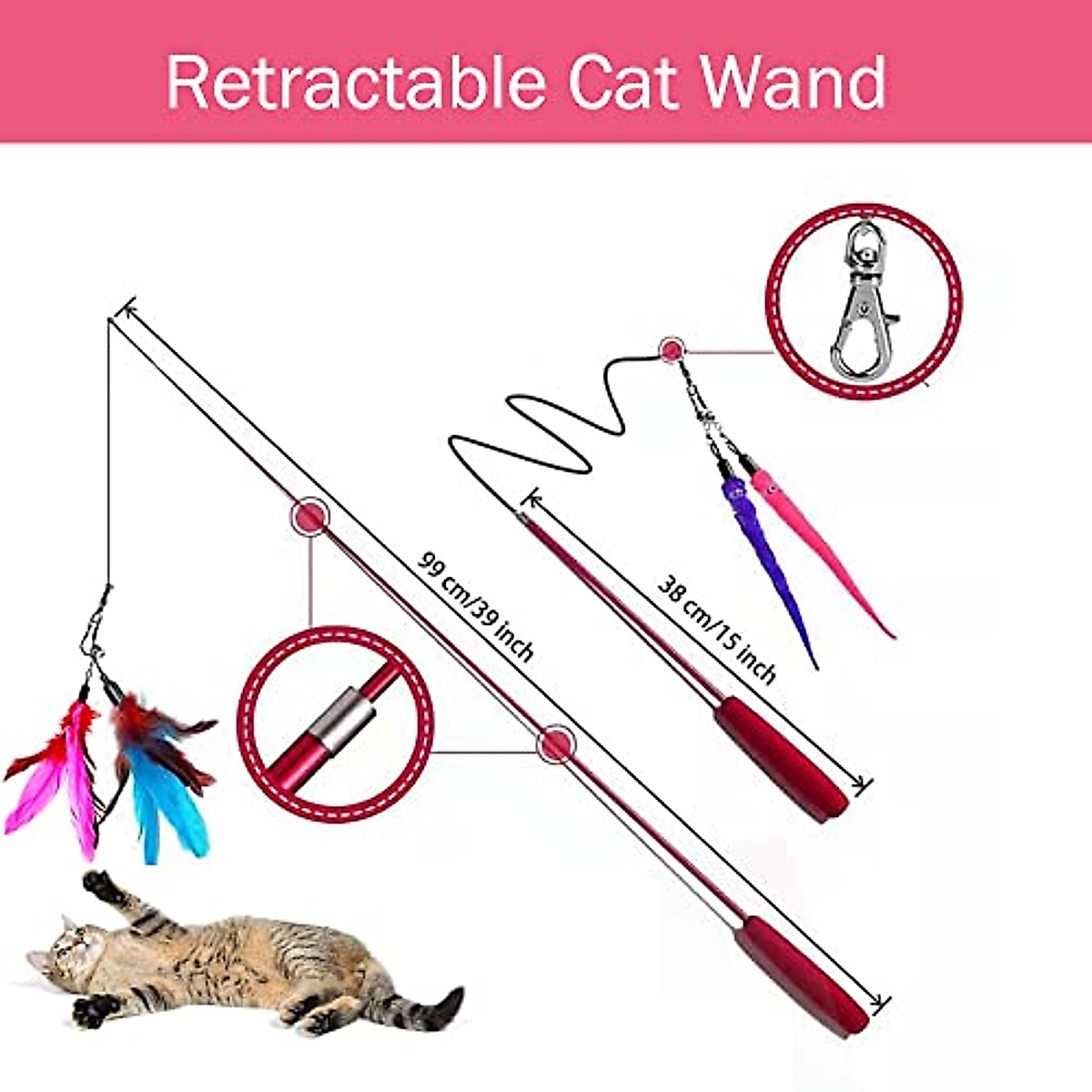 OODOSI Cat Toy Wand, Retractable Cat Feather Toys and Replacement Refills with Bells, Interactive Cat Toys for All Kind of Cat Kitten