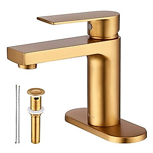 Aktines Bathroom Sink Faucet in Brushed Gold, Brass Bathroom Faucets with Pop Up Drain, Modern Single Hole Faucet for Vanity/RV/Lavatory.