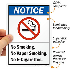 SmartSign (Pack of 4) 7 x 5 inch “Notice - No Smoking, No Vapor Smoking, No E-Cigarettes” Sticker Labels with Symbol, 5 mil Laminated Polyester with SuperStick Adhesive, Multicolor, Made in USA