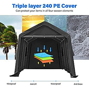 ADVANCE OUTDOOR 10x15 ft Shelter Storage Shed Steel Metal Peak Roof Anti-Snow Portable Garage Carport for Motorcycle, Boat or Garden Tools with 2 Roll up Doors & Vents, Gray