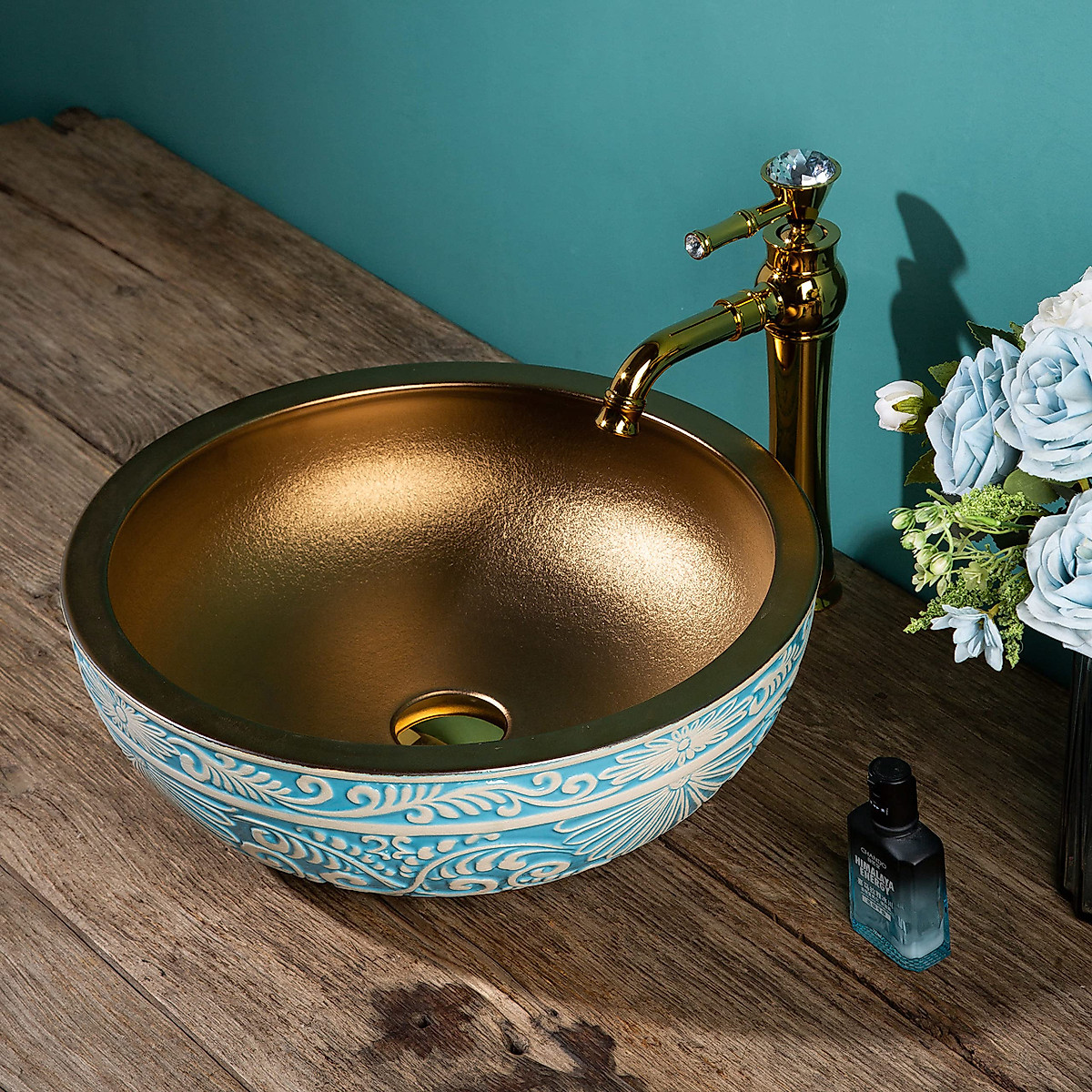 Ceramic Green Sinks Bathroom Vessel Sink Bowl Hand Carved Flower with Gold Inside Porcelain Vanity Top Wash Basin