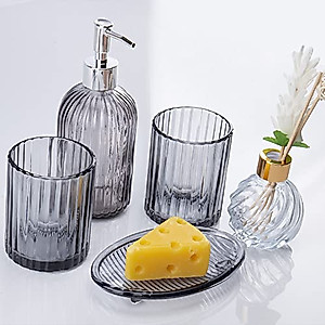 TocTen 5 Pieces Bathroom Accessories Set, Include Lotion Soap Dispenser+ 2 Toothbrush Cup+ Soap Dish+ Essential Oils Diffuser Bottles, Premium Glass Bathroom Vanity Countertop Accessory Set(GREY 16oz)