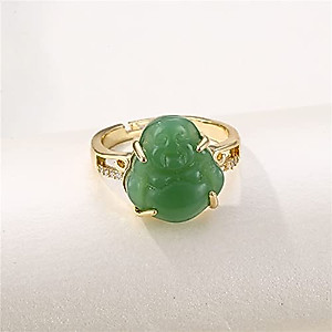 COLORFUL BLING 18k Gold Plated Laughing Buddha Ring Green Jade Cubic Zirconia Gemstone Open Cuff Adjustable Lucky Amulet Jewelry for Women Men-Green Ring