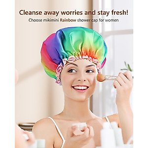 mikimini Shower Cap for Women Long Hair, 2 Pack,Double Layer Waterproof, X-Large, Reusable, Washable, No Smell, Rainbow Fashion Shower Cap