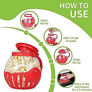 MMUGOOLER Glass Microwave Popcorn Popper, 2.25QT Original Popcorn Jar with Silicone Lid, BPA Free, Dishwasher Safe- Red