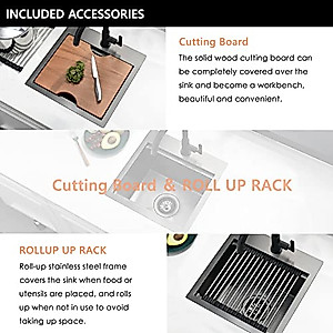 15 Inch Bar Sink Drop In Workstation - HACHENL 15x15 Inch Small Bar Prep Sink Drop in Topmount Kitchen Sink Black 16 Gauge Stainless Steel Single Bowl Outdoor or Bar Sink With Grid&Drain&Cutting Board