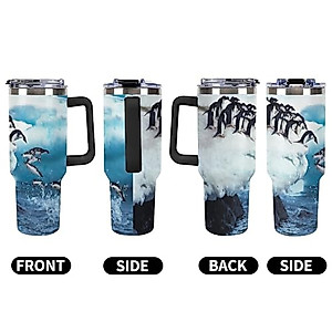 Niapessel Leak Proof Tumbler, Insulated Water Bottles with Straw, Penguin Group Into Ocean Insulated Cup with Handle 40 Oz Stainless Steel Flask for School, Travel, Car, Sports, Work