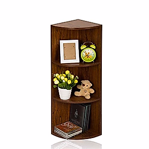 FHDGH 3-Tier Corner Curved Shelf Organizer, Freestanding Display Storage Shelves and Wooden Bookcase, for Kitchen, Living Room, Study, Rustic Brown