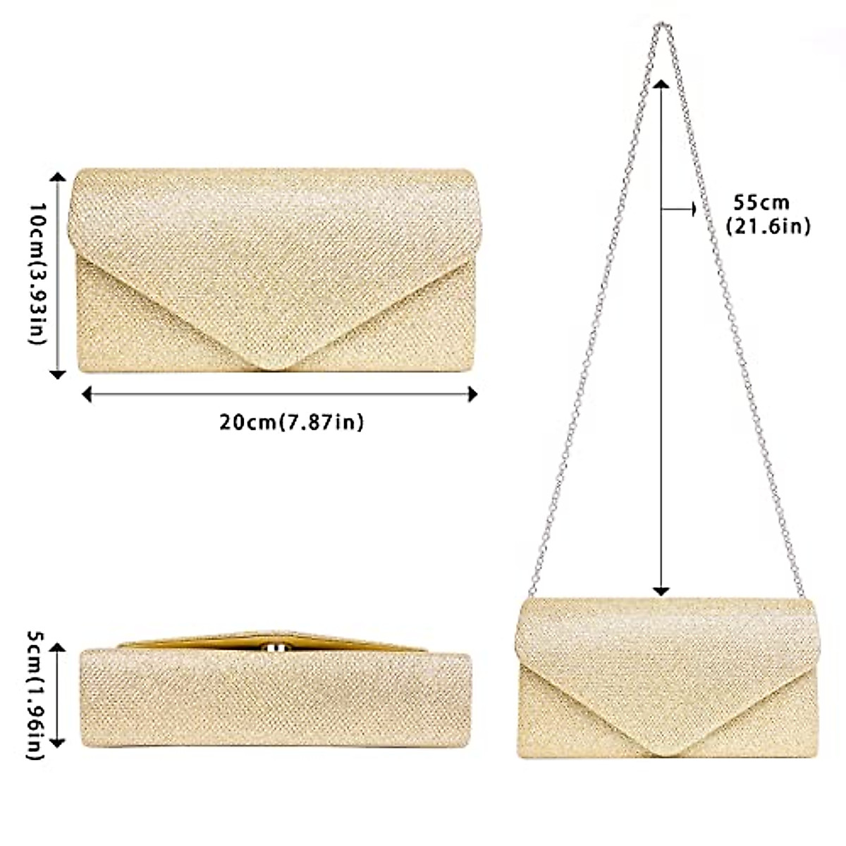 Larcenciel Gold Clutch Purses for Women, Sparkly Sequin Envelope Clutch Evening Bag w/Chain, Gorgeous Shoulder Crossbody Handbags, Shiny Party Prom Purse Bride Wedding Guest Clutch Dress Carry on Bag