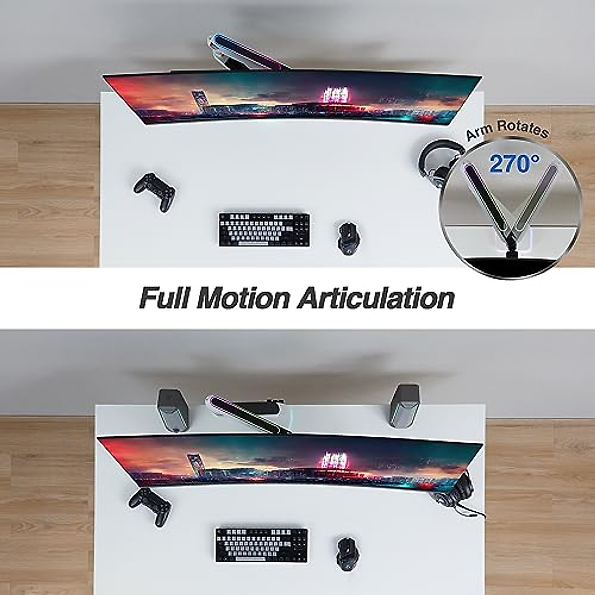 AVLT Single 27”-45” RGB Gaming Monitor Arm Desk Mount Built-in 20 Lighting Modes Touch Button Control Fits Flat/Curved/Ultrawide Monitor Height Swivel Tilt Rotation Adjustable Monitor Stand -White