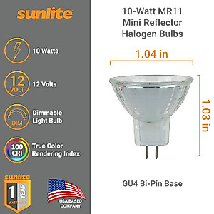 Sunlite 40765 MR11 Halogen Reflector Bulb, 10 Watt, 30° Narrow Flood, 12 Volt, 110 Lumens, 2000 Hour Life Span, Dimmable, GU4 Base, Cover Guard, 3200, ANSI JCR, Ceiling Fixtures, Lanterns 6-Pack