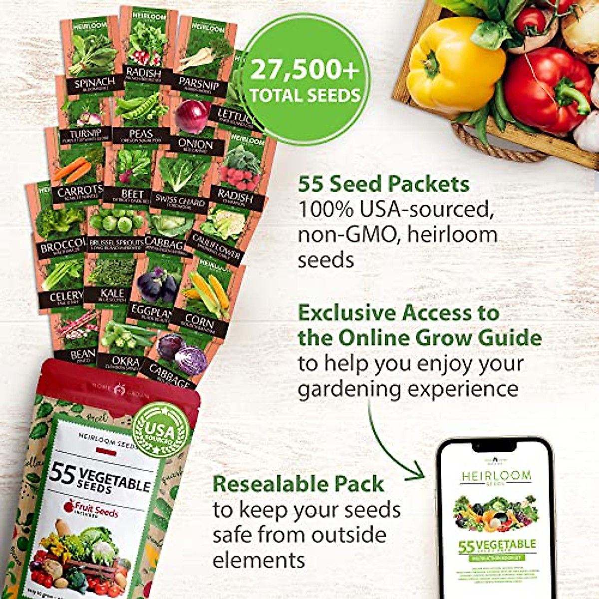 55 Heirloom Vegetable Seeds | 27,500+ Non GMO Garden Seed Variety Pack | Gardening Seeds for Planting Vegetables and Fruits, & Lettuce | Prepper Supplies | Survival Gear | Spring, Summer, Fall