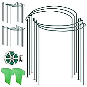 CKE 20 Pack 4mm Plant Support Stakes, Metal Peony Support, Garden Plant Cage Stake Support, Plant Support Ring, Green Half Round Plant Support Ring for Peony, Tomato, Rose, Vine Plant 10" W x 15.8" H