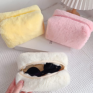 REFRASE LIFE Cute Pencil Case, Furry Pencil Pouch, Small Plush Makeup Bag in Macaron Colors, Cosmetic Travel Zipper Bag, Multi-function Purse, Aesthetic School Stationary, Study Supplies (White)