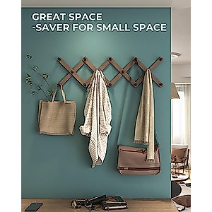 OROPY Wood Accordion Wall Hanger, Expandable Coat Rack Wall Mount with 14 Pegs, Expanding Hat Rack for Wall, X Shape, 27"×10", Walnut Color