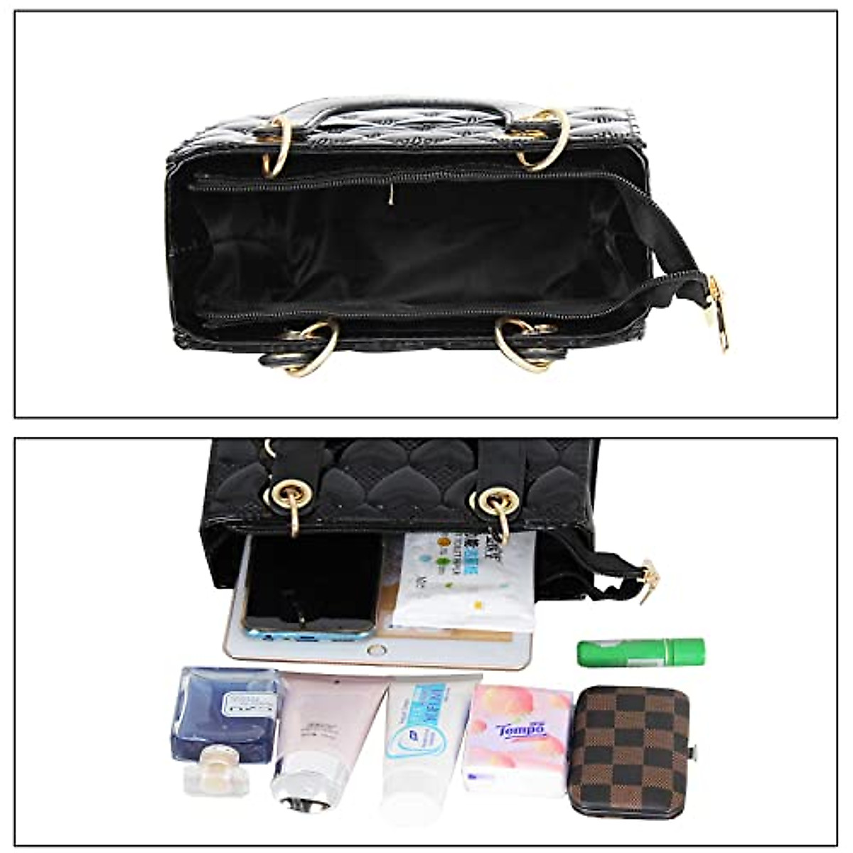 Qiayime Purses and Handbags for Women Fashion Ladies Shiny Patent PU Leather Top Handle Satchel Shoulder Totes Crossbody Bags (large black)