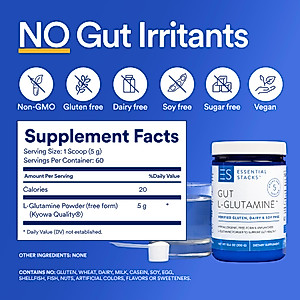 Essential Stacks Gut L-Glutamine Powder - Made in USA - Pure L Glutamine Powder for Gut Health - Dairy, Soy & Gluten Free, Non-GMO, Vegan Glutamine Supplement