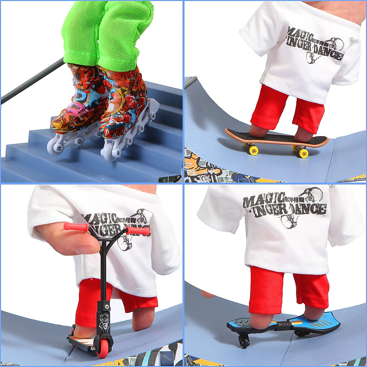 Aestheticism Half-Pipe Ramp Skate Park Kit, Bigger Fingerboard Ramps Set with 11 pcs Finger Toys Set Including Fingerboard, Bike, Scooters, Clothing & Big Non-Slip Mat