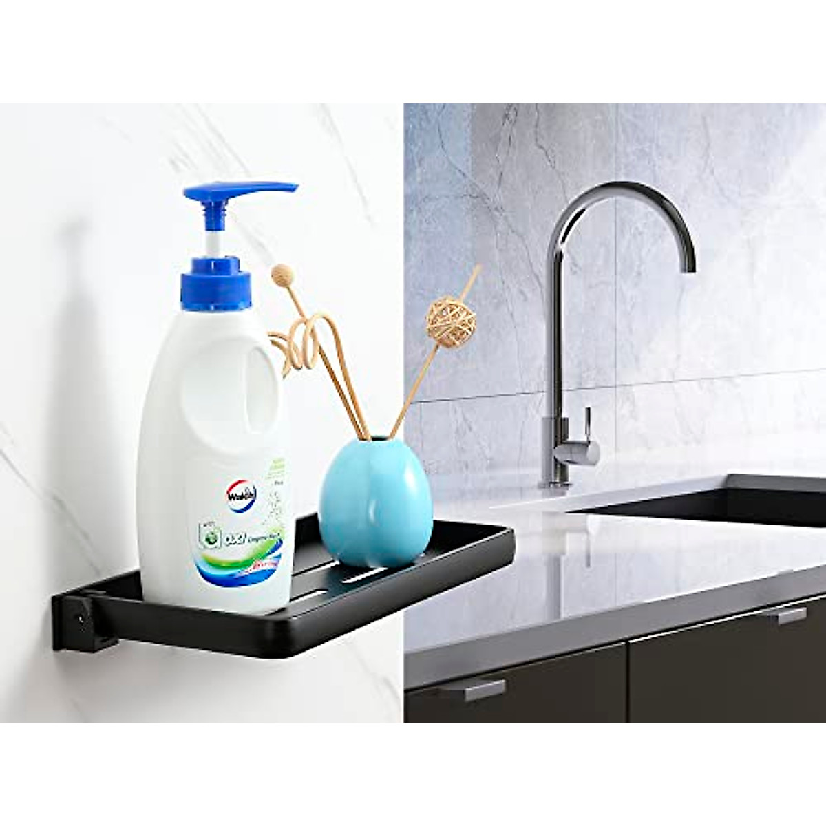 SKIKEN Folding Metal Shelf for Bathroom Wall Mounted, Small Folding Shelf for Laundry Room, 90° Fold Up and Waterproof, Toilet Phone Holder Shelf, Small Shelf for Sink Side, Kitchen(2 Pack, Black)