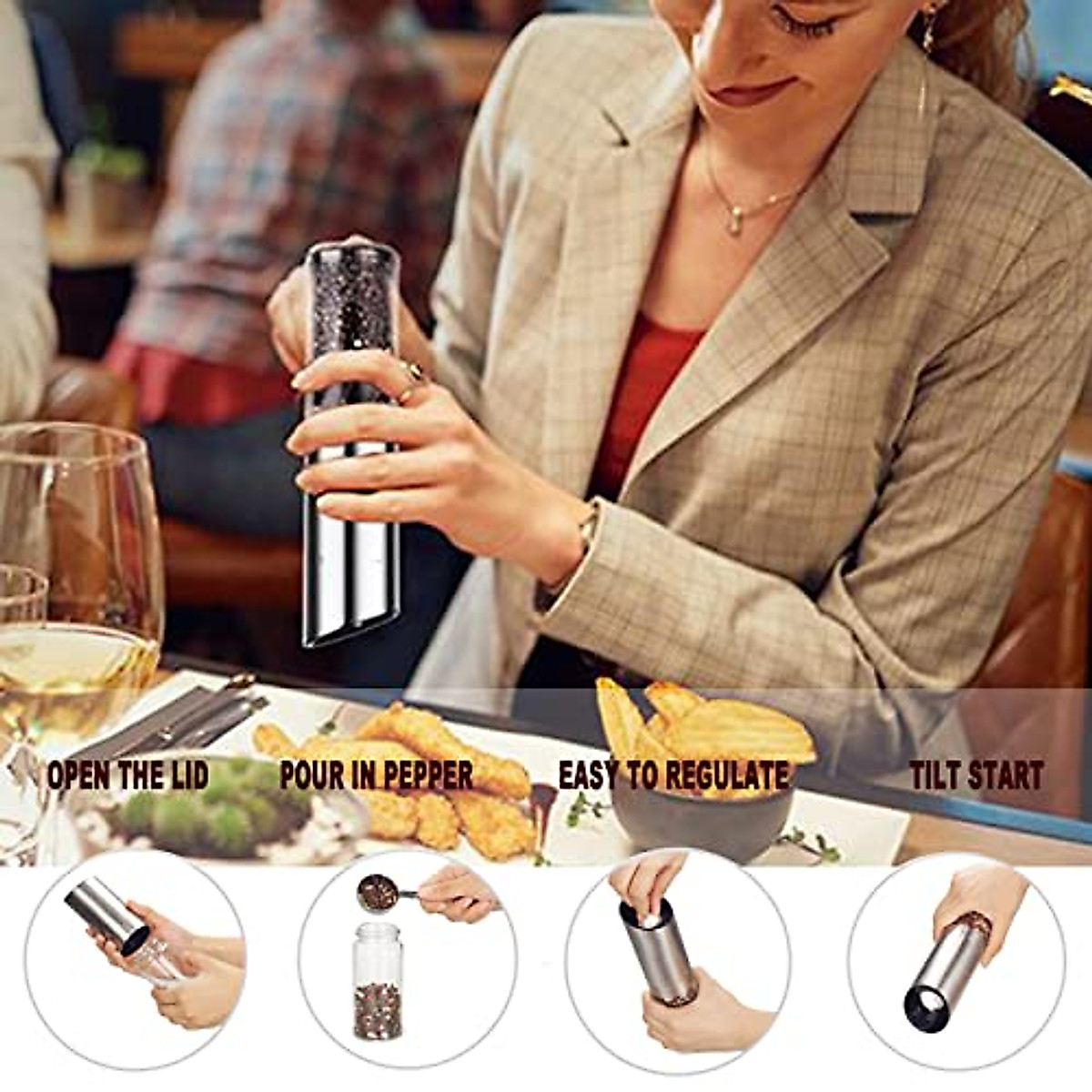 DLD Electric Pepper Grinder USB Rechargeable, Automatic Pepper and Salt Mill Grinder with LED Light, Quick Charging Grinder, Adjustable Coarseness, One Hand Operation