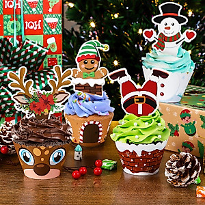 Hemoton 72Pcs Christmas Cupcake Toppers and Wrappers Cute Cupcake Dessert Decoration Unique Party Favors for Christmas Party