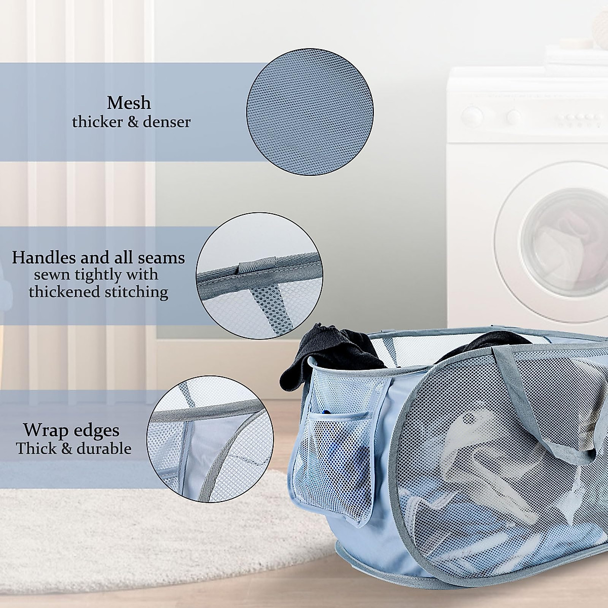 Collapsible Laundry Baskets 2 Pack, Mesh Pop Up Hamper with Handles, Portable Stair Basket, Dorm or Room Folding Hamper, Dirty Clothes Hamper Light Breathable, Compact Fold and Hold More. Grey. 2H