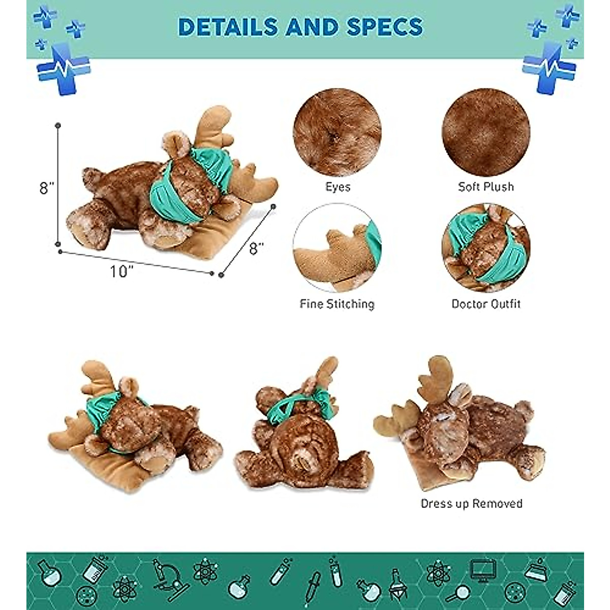 DolliBu Sleeping Moose with Pillow Doctor Plush Toy - Super Soft Moose Doctor Stuffed Animal Dress Up with Scrub Cap and Face Mask Outfit - Fluffy Doctor Toy Plush Gift with Personalization - 10 Inch