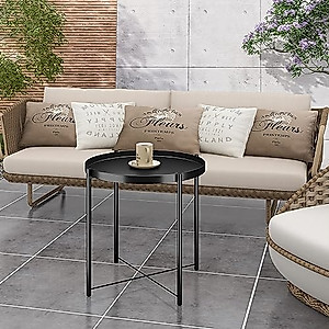Fixwal End Table, Metal Side Table Black Round End Table Sofa Small Table with Removable Tray for Living Room Bedroom Balcony Patio and Office