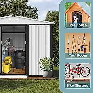 Betterland Outdoor Storage Shed 6×8 FT Garden Metal Tool House, Walk-in Steel Double Sloping Roof Shed with Sliding Door for Garden, Lawn, Backyard (White)