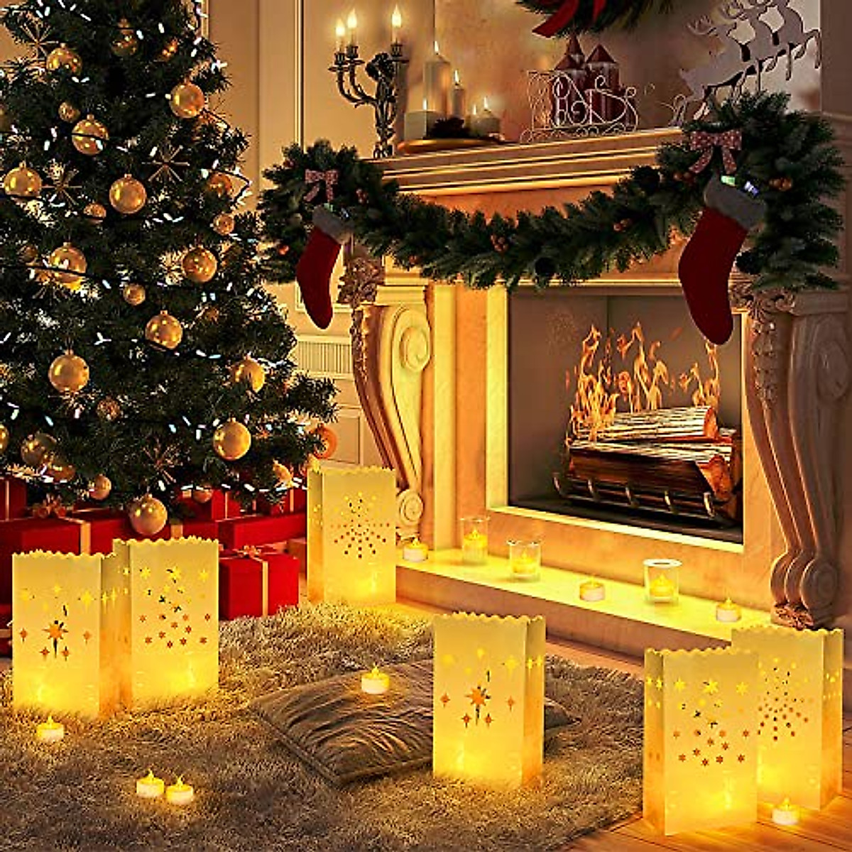 AceList 30 PCS White Luminary Bags with 30 PCS Flameless Candles, Paper Bags with Tea Lights Candles, LED Light Flameless TeaLight for Christmas Thanksgiving Birthday Decorations Outdoor